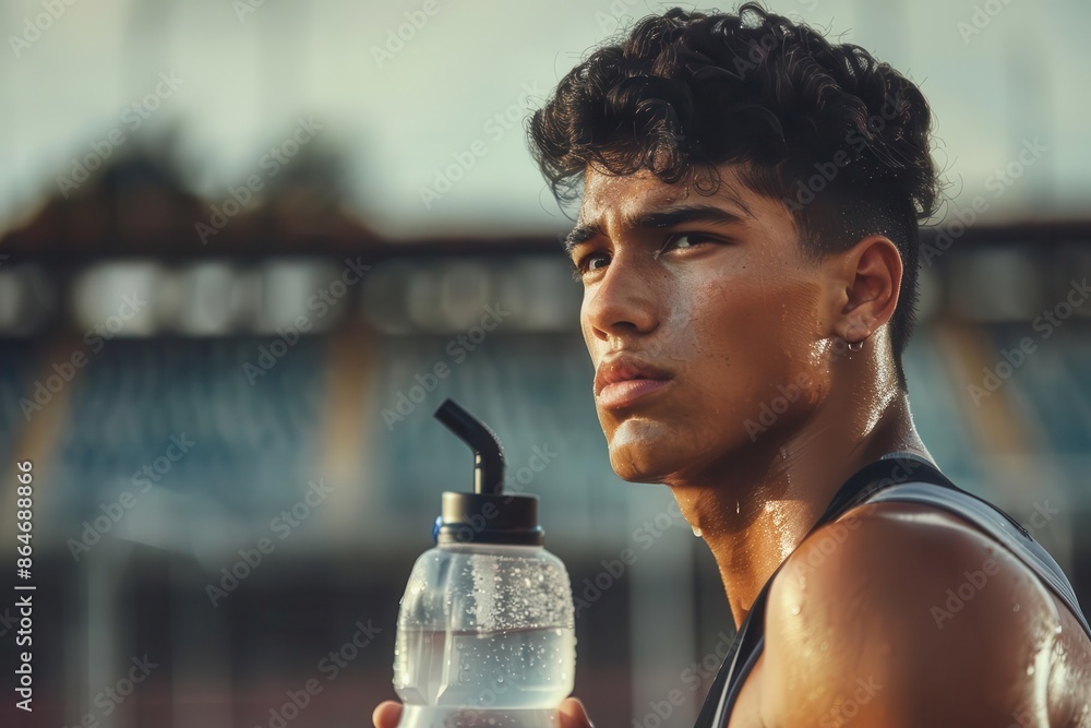 determined latino male sprinter athlete hydrating on track sweaty after ...