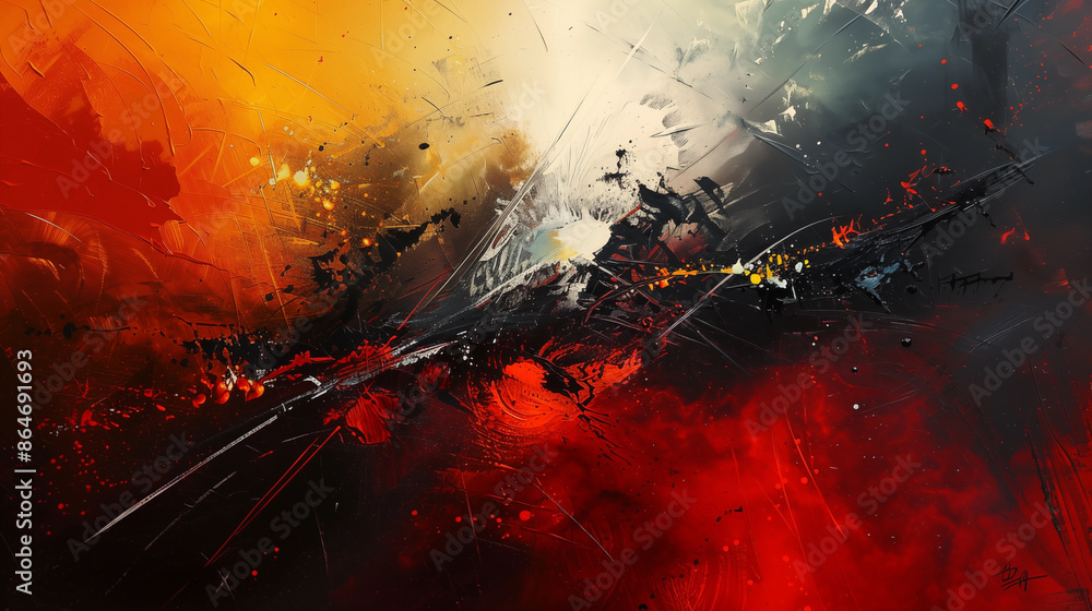 An abstract painting with light-dark contrast, red-yellow tones, and a ...
