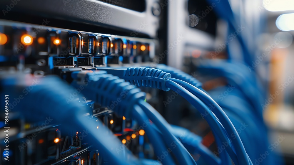 Network server rack with blue ethernet cables and flashing lights, representing data storage ...