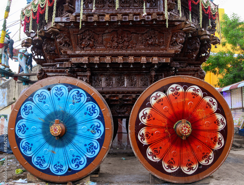 Wheels of Traditional Hindu temple Chariot for God decorated colorful ...