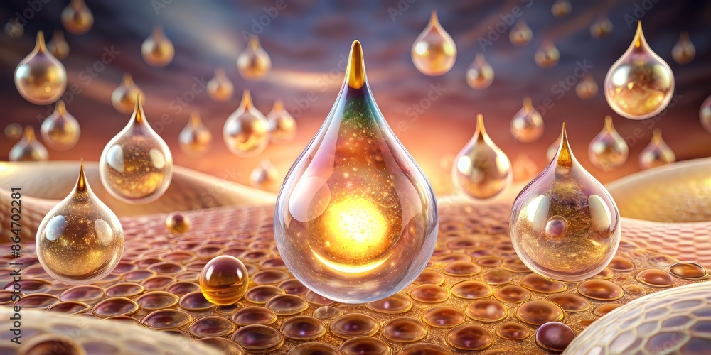 Microscopic 3D illustration of oil droplet penetrating sagging skin ...