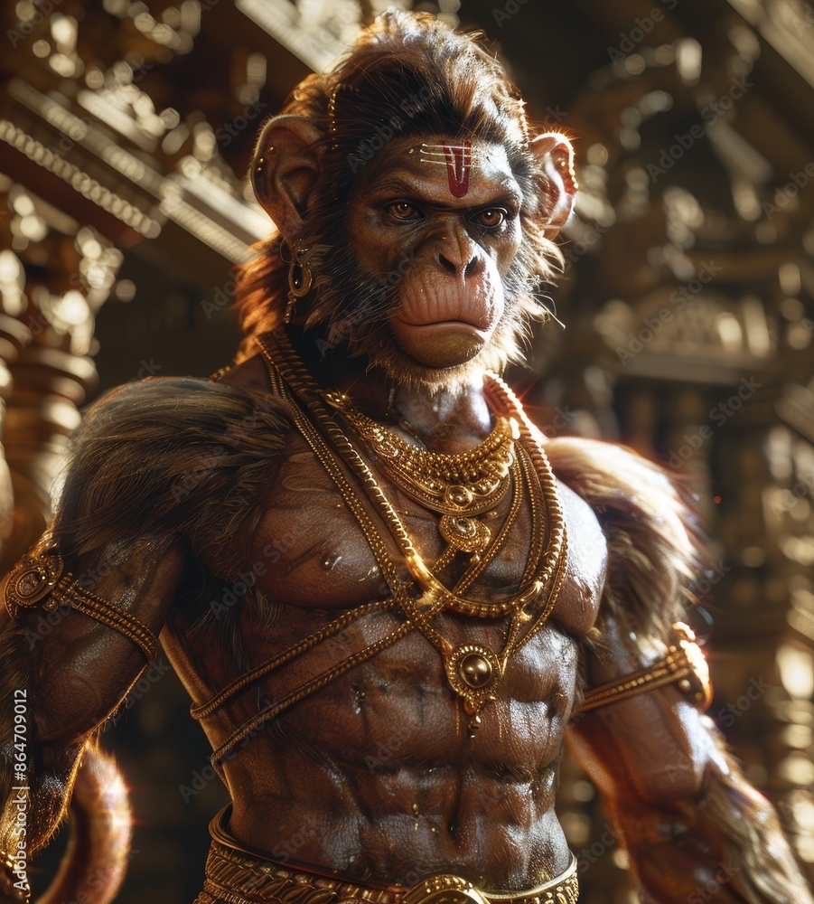 Powerful, golden-furred Hanuman with monkey-like face, muscular body ...