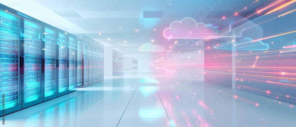 Data center with server racks and digital clouds representing cloud computing, data storage, and ...