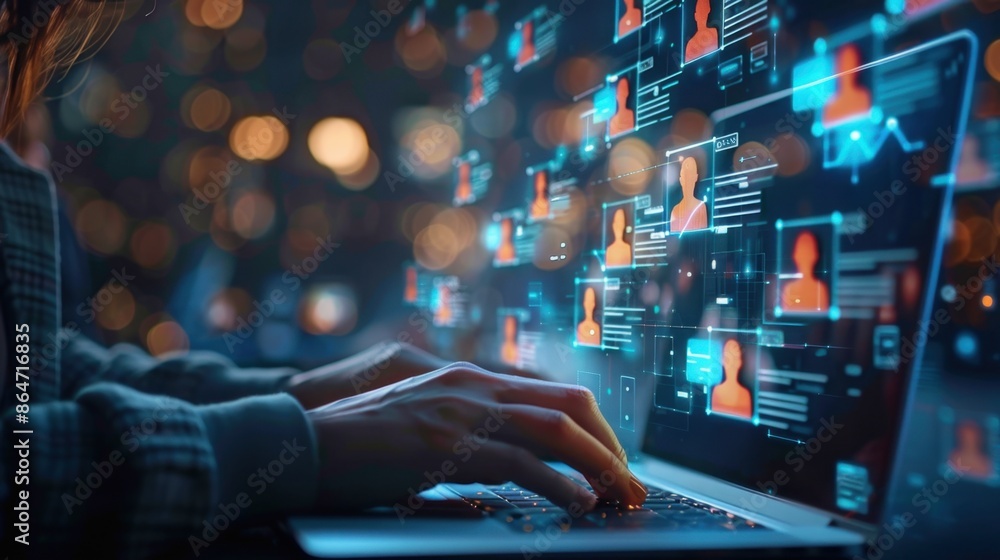 A person types on a laptop surrounded by floating digital profiles and ...
