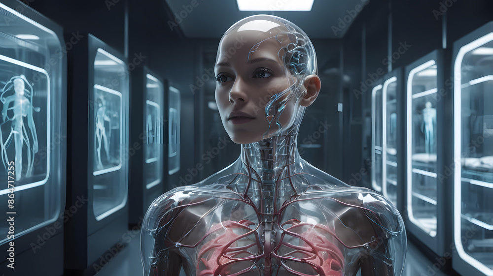 This model showcases a bioengineered human with transparent skin ...