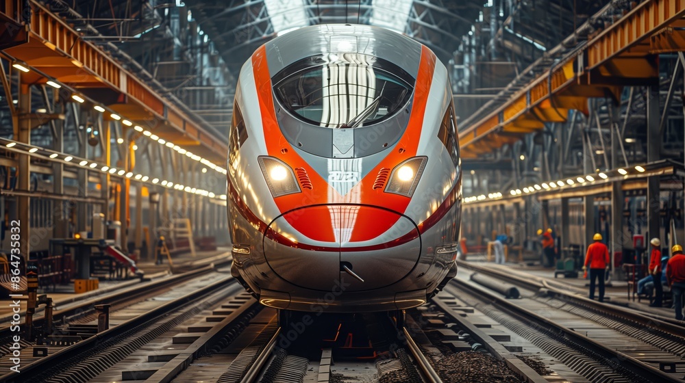 Modern high-speed train in maintenance depot. Modern high-speed train ...