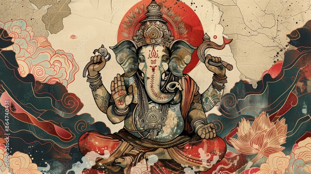 Artistic depiction of Ganesha in a modern setting, blending traditional ...