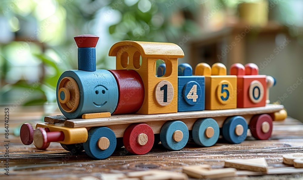 wooden locomotive toy with numbers on beige background early childhood ...