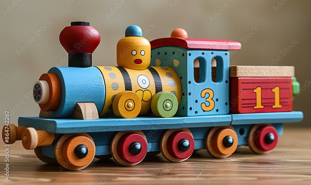 wooden locomotive toy with numbers on beige background early childhood ...