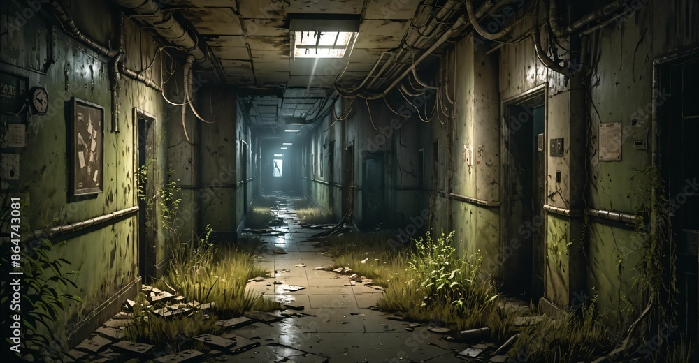 old abandoned theatre building interior. overgrown architecture with ...