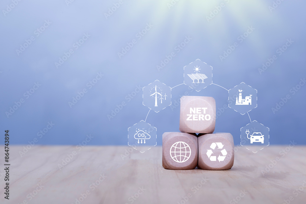 Net zero, carbon neutrality concept. Net zero icon at wood box on green blur background. Green ...