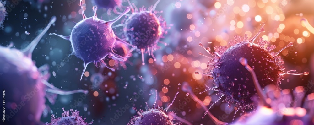 Microscopic view of cancer cells with spiky protrusions. Medical image ...