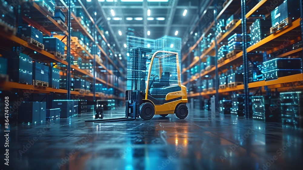 AI-driven robotic forklift with augmented reality holograms performing ...