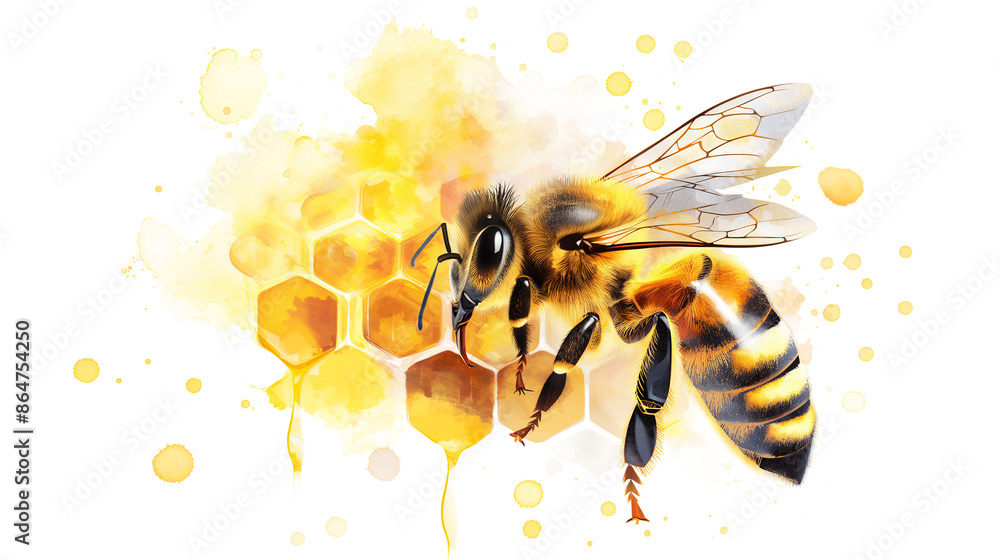 Colorful Watercolor Bee on Honeycomb - Nature's Harvest and Pollination ...