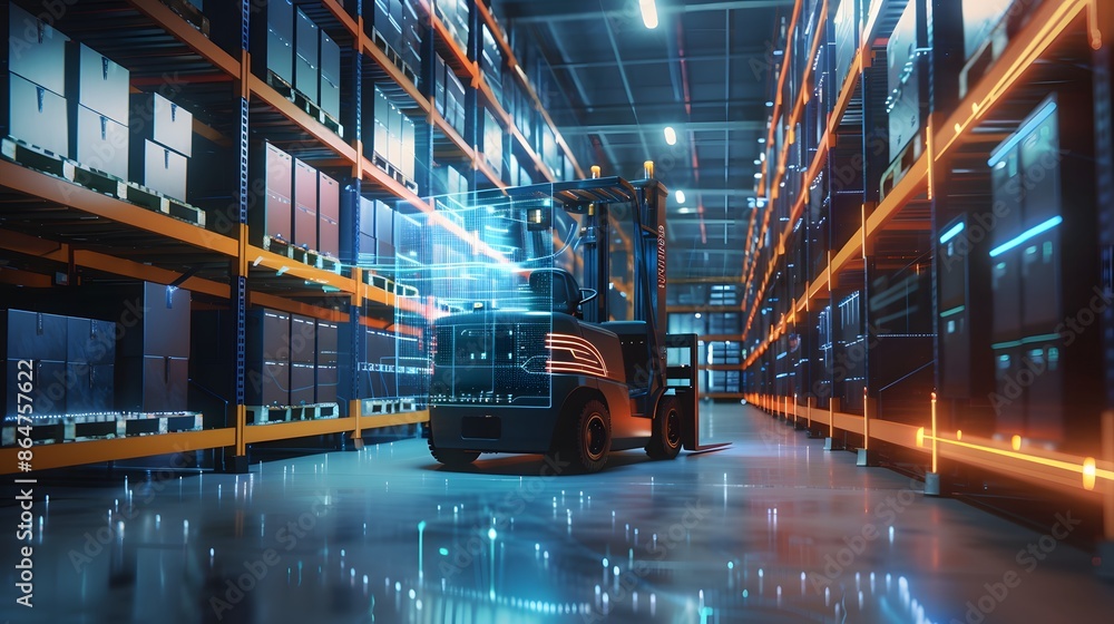 Warehouse with an AI-powered forklift and augmented reality holograms ...