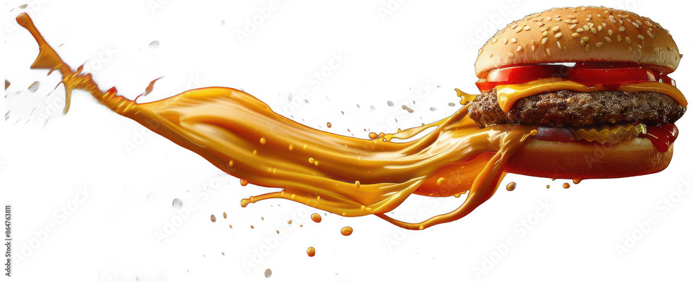 hamburger being splashed with liquid and mustard, transparent ...