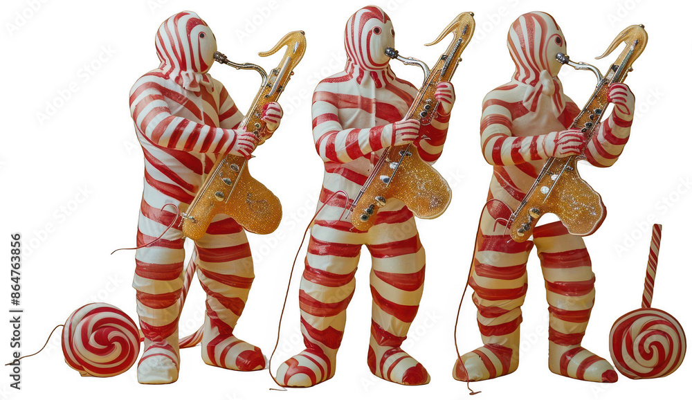 group of three figurines of a man playing instruments, transparent ...