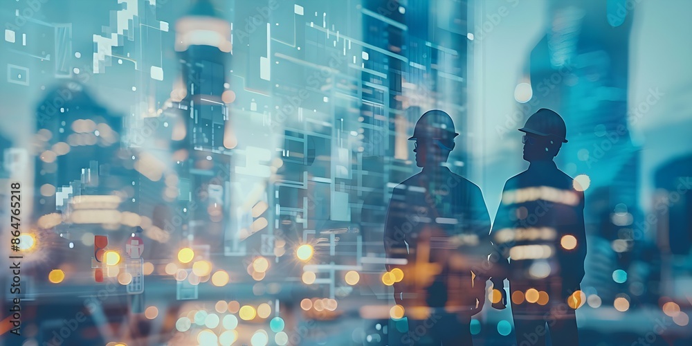 Double exposure graphic of building engineers and construction workers ...