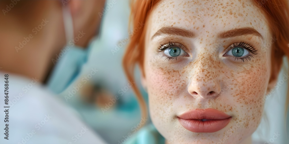 Examining a woman's freckled skin up close during a dermatological ...