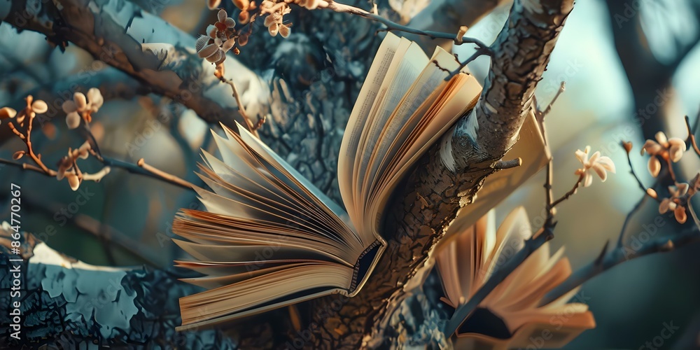 Book pages growing into tree branches symbolizing family genealogy ...