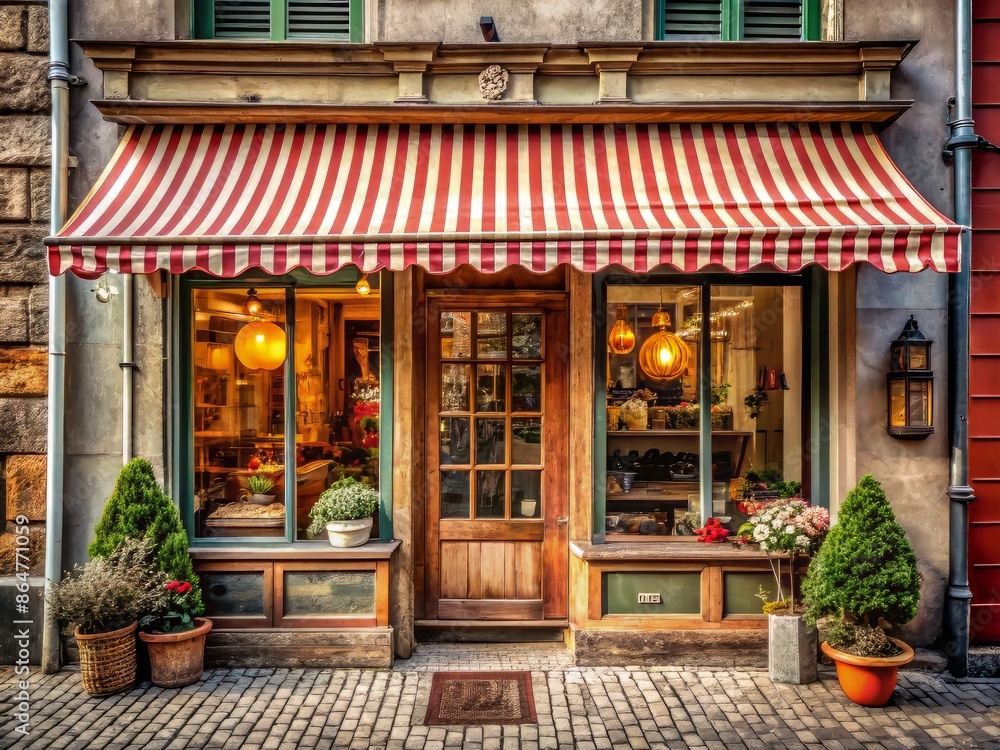 Charming old-fashioned storefront with traditional striped awning ...