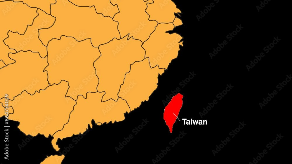 Taiwan map animated video. Taiwan location is highlighted on the China ...