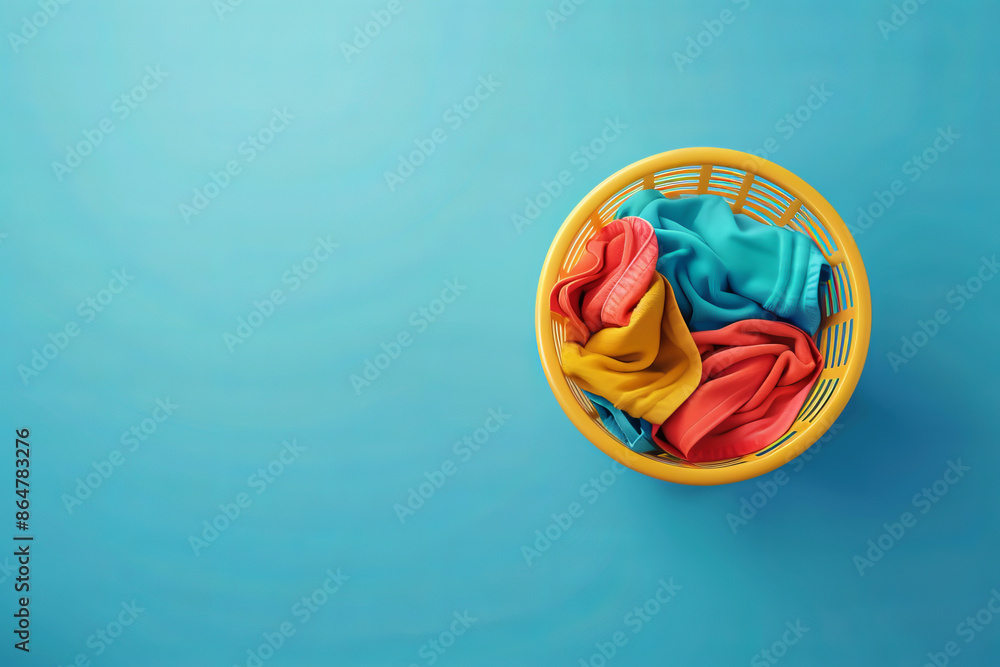 Laundry basket with colorful clothes on a blue background. Top view of ...