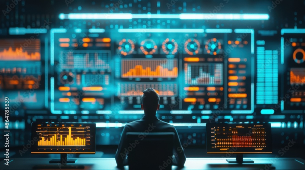 Back view of a person analyzing data on multiple screens in a dark room ...