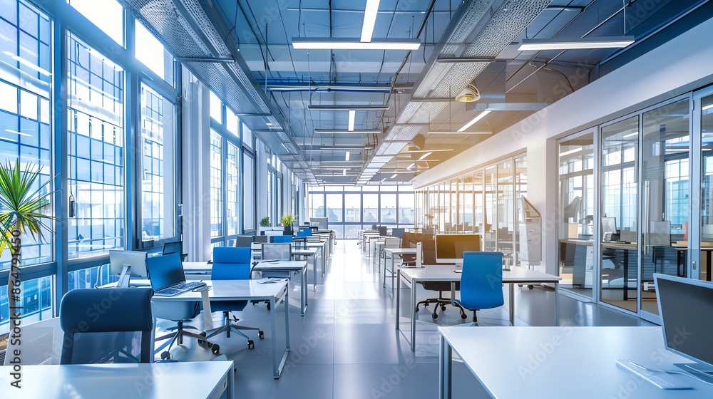 Modern, open plan office space with rows of desks and natural light ...