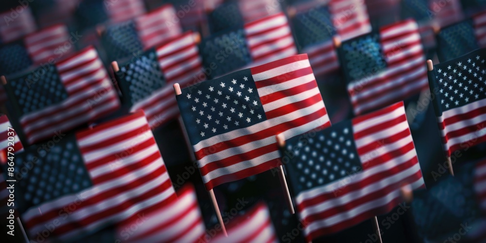 A large group of American flags are lined up in a row. The flags are ...