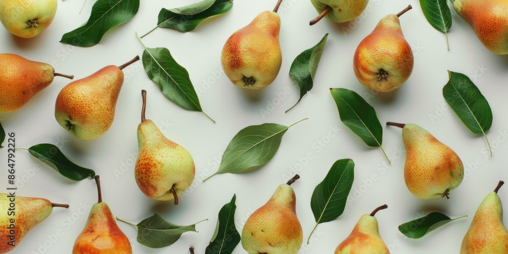 A close up of pears and leaves. The pears are in various stages of ...