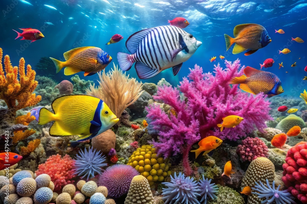 Vibrant coral reef teeming with diverse marine life, including ...