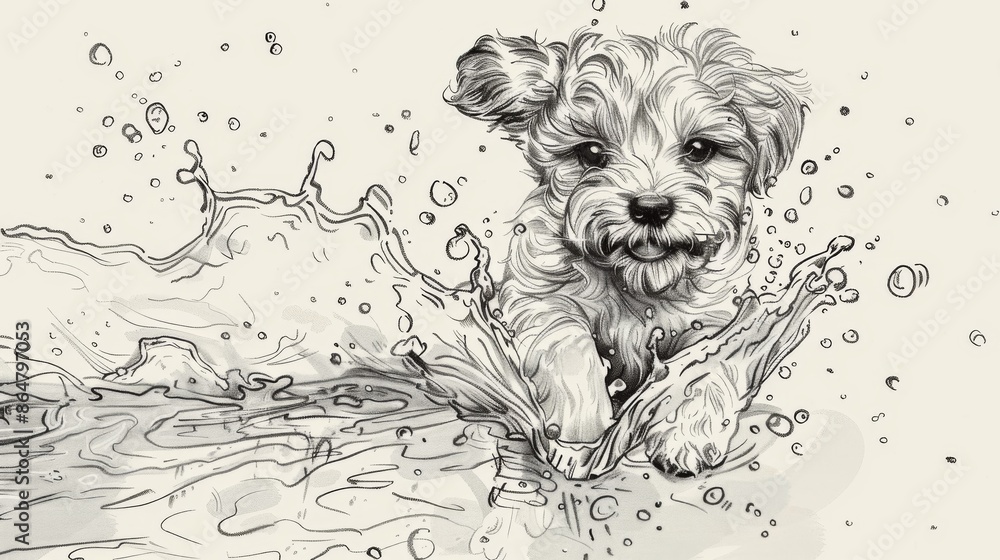 Sketch of an adorable puppy playing in water, splashing joyfully ...