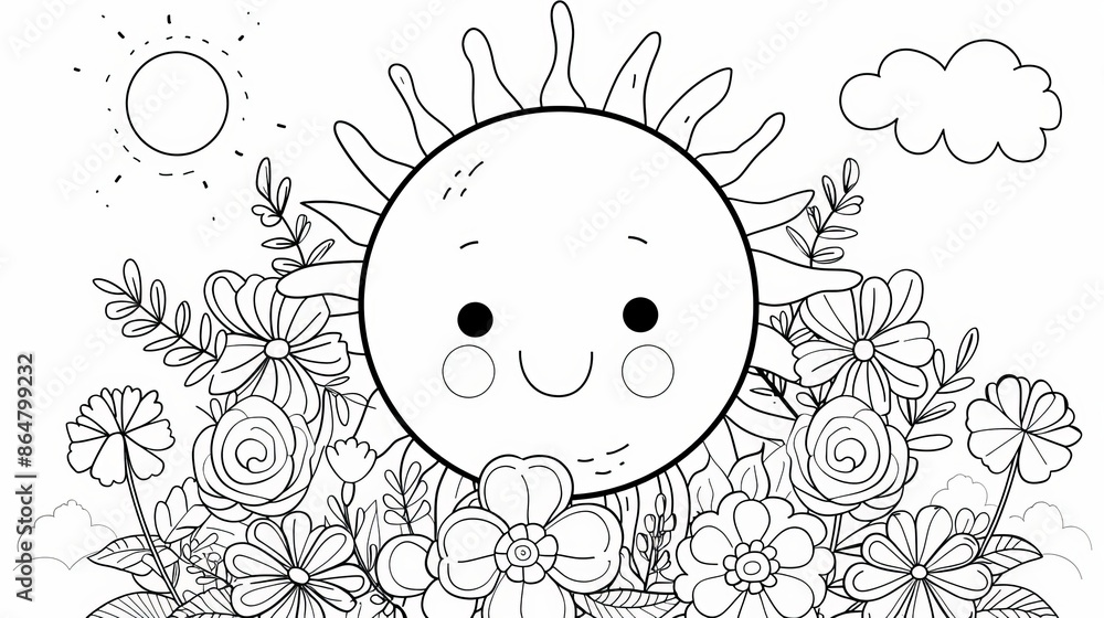 Fun coloring page with garden flowers and a smiling cartoon sun, simple ...
