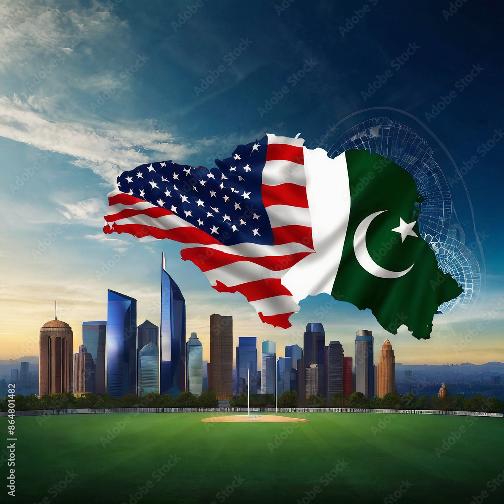 ภาพประกอบสต็อก USA vs pakistan flag, world map and building skyline use ...