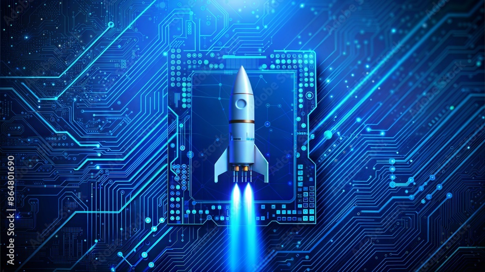 Digital abstract rocket and AI chip. Abstract technology light blue ...