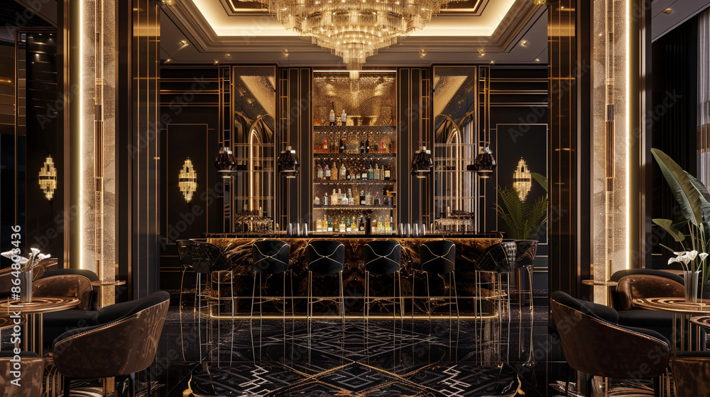 A luxurious bar with an Art Deco design, featuring geometric patterns ...