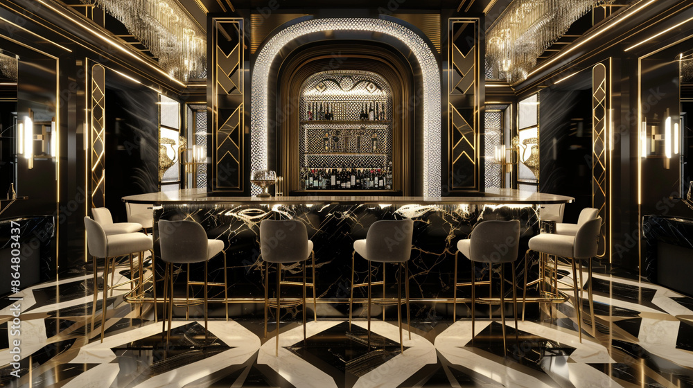 A luxurious bar with an Art Deco design, featuring geometric patterns ...
