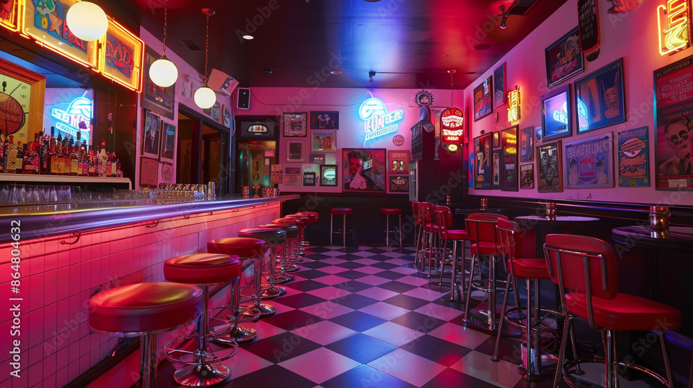 A modern bar with a retro twist, featuring a checkerboard floor and ...