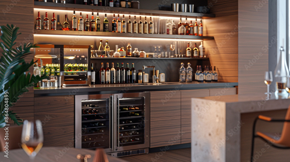 A modern kitchen with an opulent bar setup, showcasing a wide variety ...