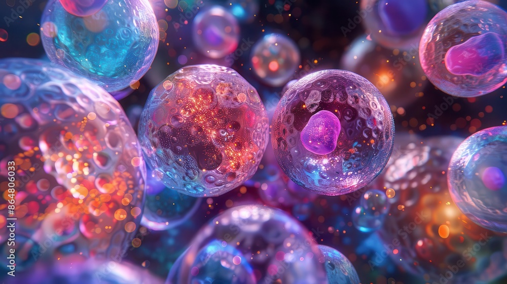 Detailed view of cells with visible organelles suspended in cytoplasm ...