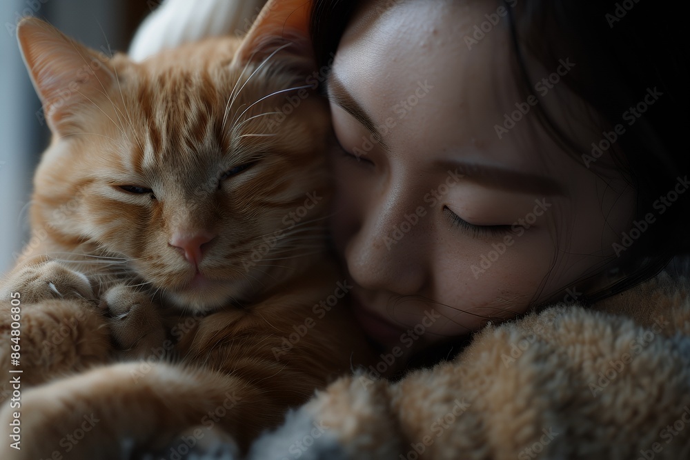 A photo of an Asian woman cuddling with her cat, taken with a Nikon ...