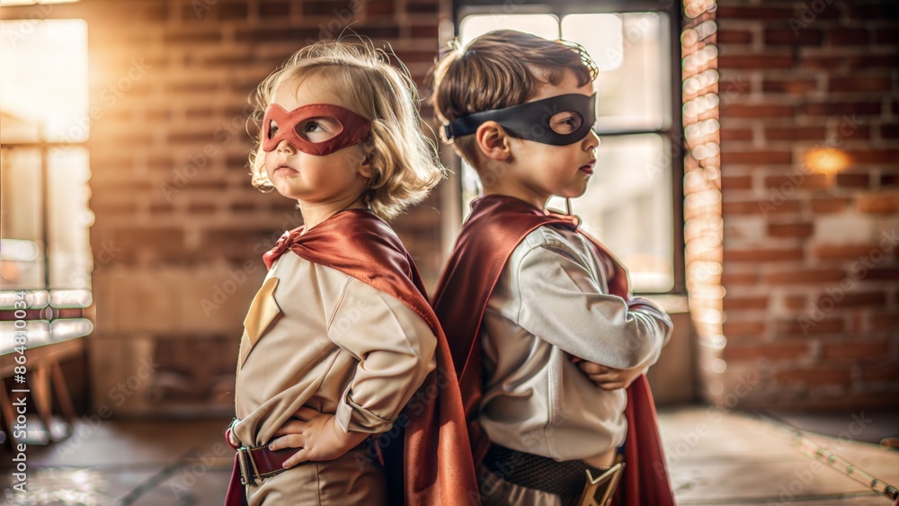 "Superhero Duo Kids" - Two children dressed as superheroes, standing ...