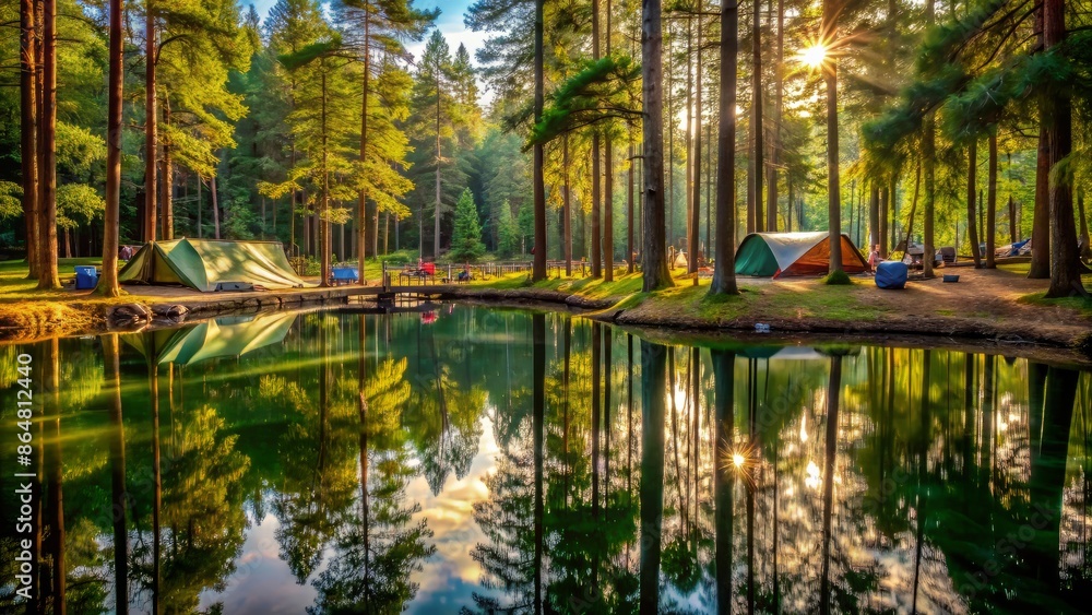 Serene forest campsite with a calm pool of water reflecting tall trees ...