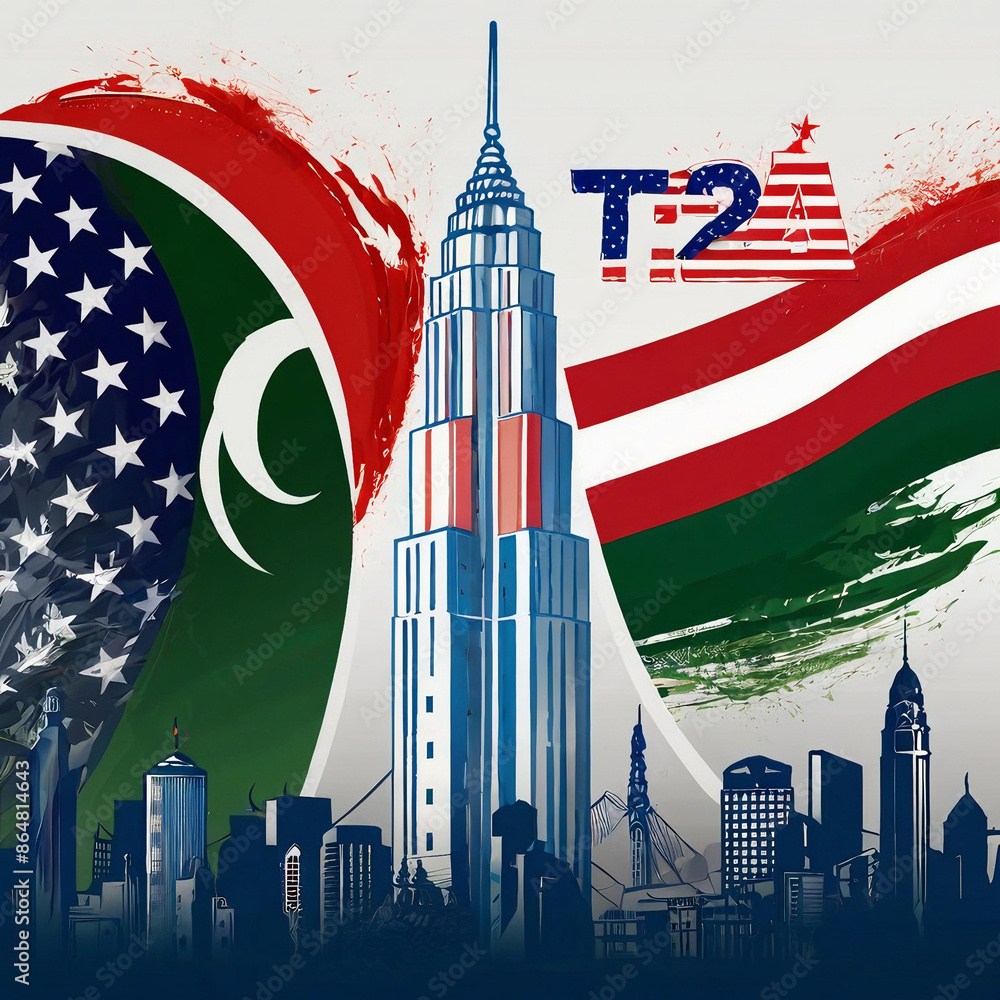 USA vs pakistan flag, world map and building skyline use for t20 ...