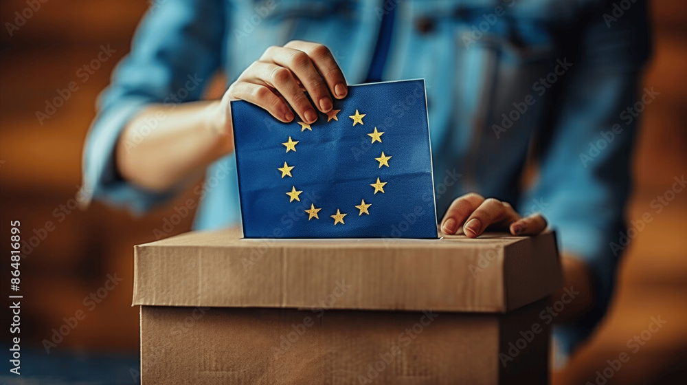 Woman Voting in European Elections with EU Flag Ballot Box June 2024 ...