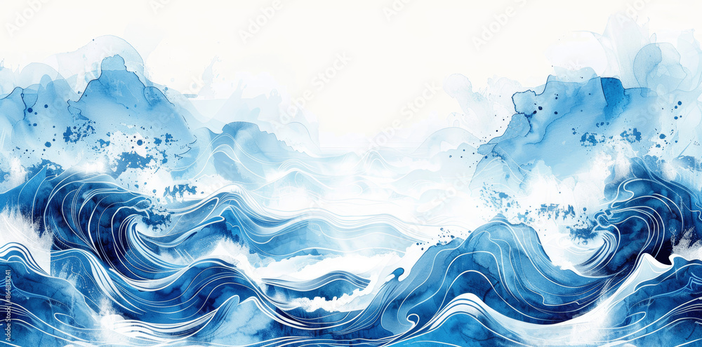 Japanese Style Blue and White Watercolor Wave Background High ...