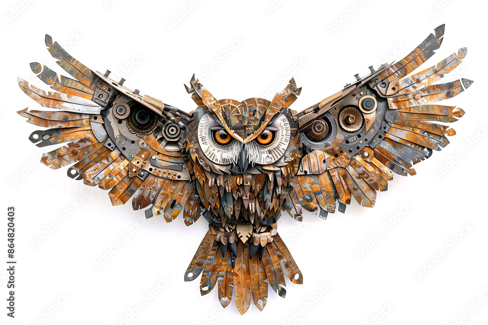 An owl sculpture made from recycled scrap metal head made of gears ...