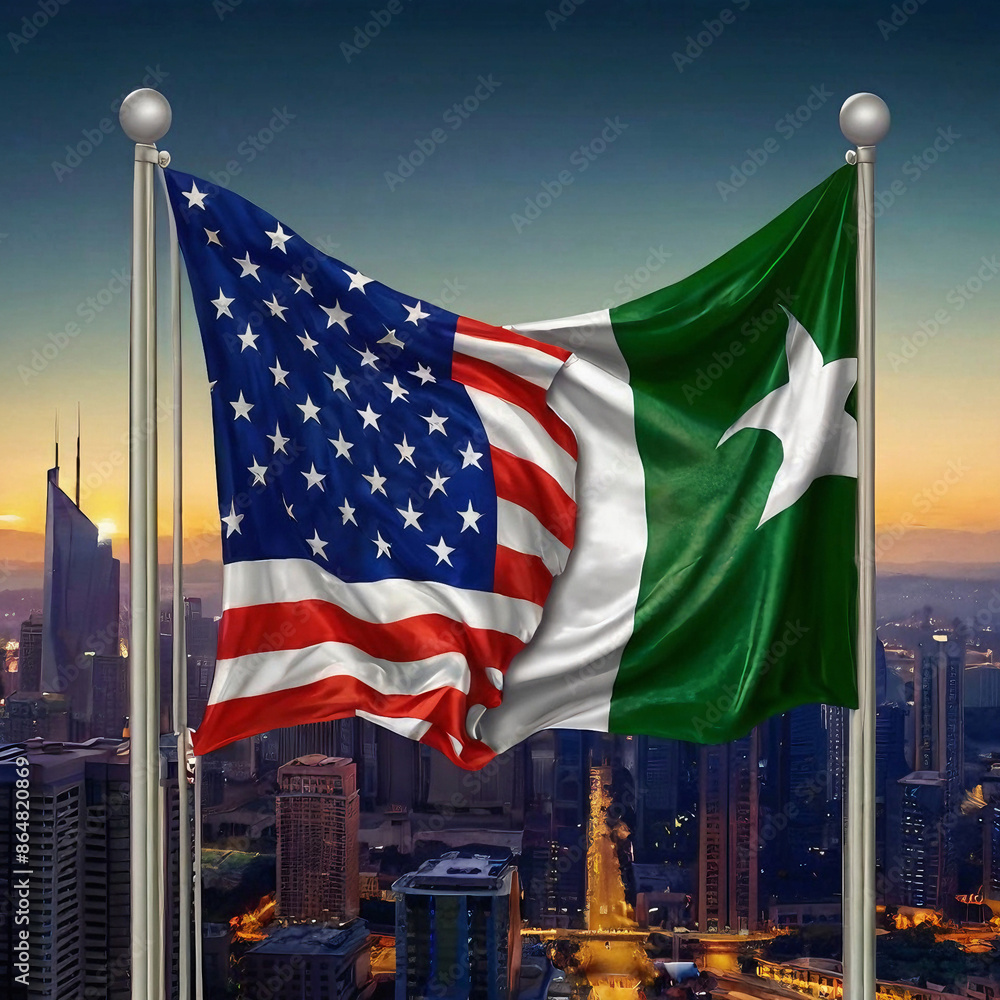 USA vs pakistan flag, world map and building skyline use for t20 ...
