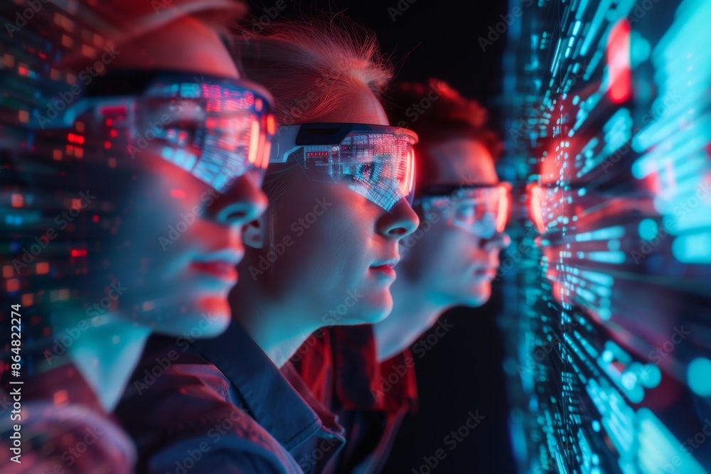 Diverse group of students collaborating on a project in a metaverse ...